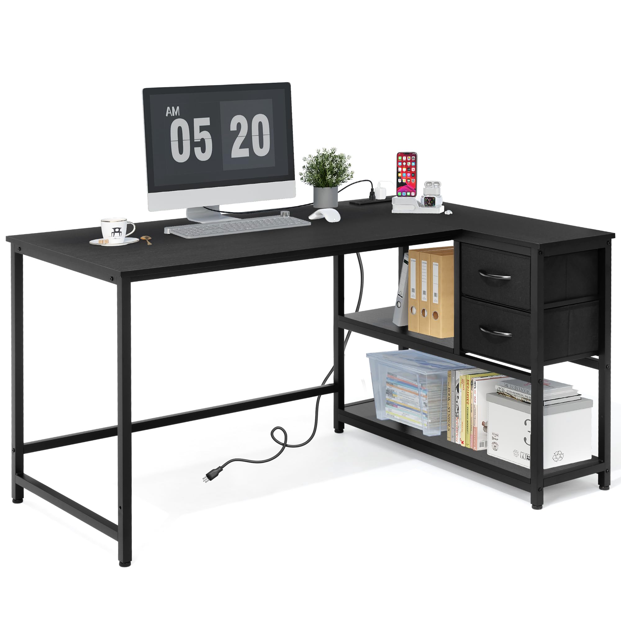 JOINHOM L-Shaped Desk with Drawers - 55 in Reversible Black Office Desk for Home Office, Computer Desk with Storage for Bedroom, L-Shaped Computer Desk with USB Ports and Bookshelf