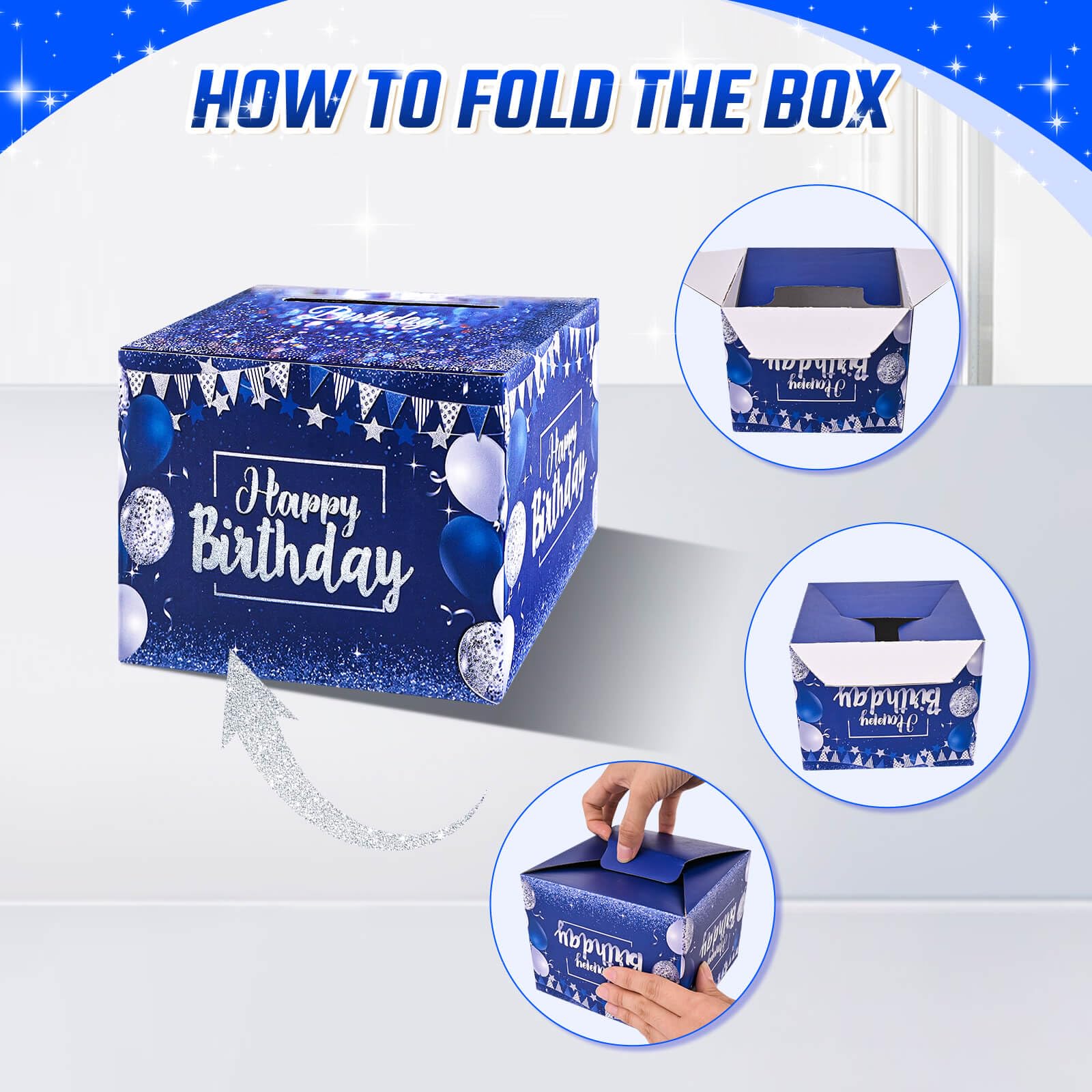 TOYEISHI Birthday Money Pull Box for Cash Gift with DIY Self-Adhesive Stickers for Any Age, Happy Birthday Money Box for Cash Gift Pull Out Cake Card and 100Pcs Bags, Birthday Party Decor Ideas-Blue