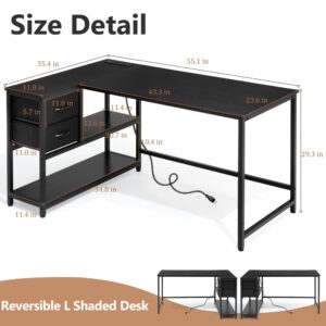 JOINHOM L-Shaped Desk with Drawers - 55 in Reversible Black Office Desk for Home Office, Computer Desk with Storage for Bedroom, L-Shaped Computer Desk with USB Ports and Bookshelf