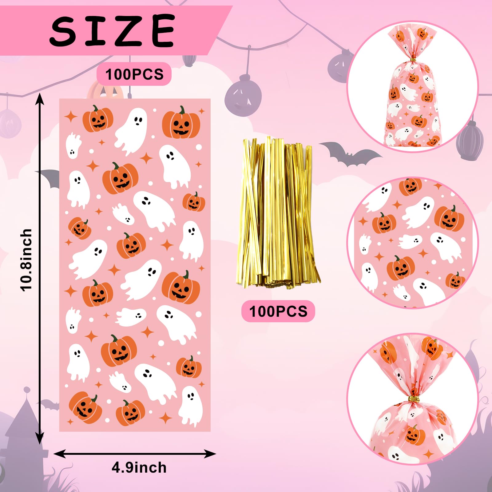 JarThenaAMCS 100Pcs Halloween Boo Cellophane Treat Bags with Twist Ties Ghost Pumpkin Plastic Gift Bags Pink Candy Goodie Bags for Party Snacks Cookies Packing Supplies