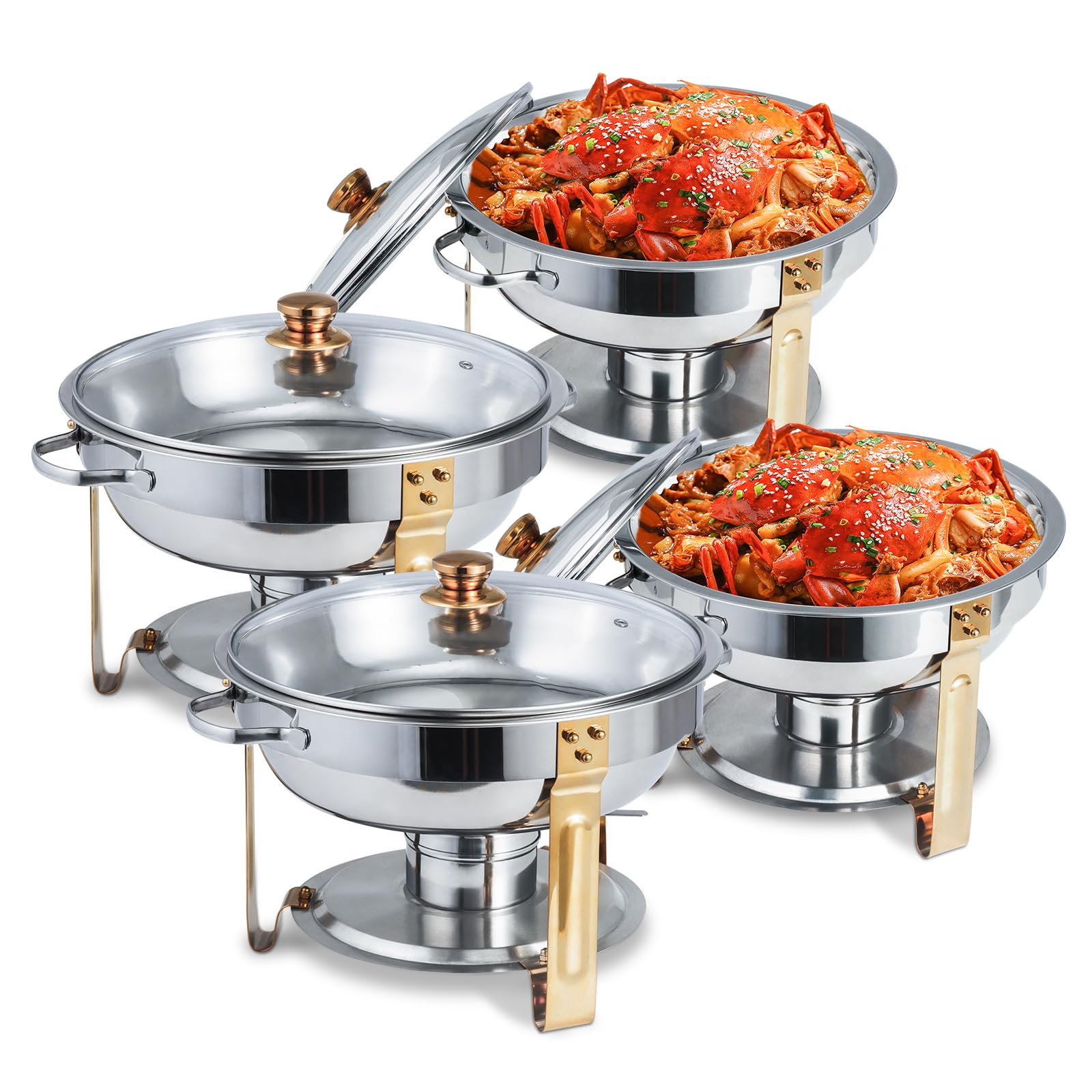 SETLUX 5QT Round Chafers for Catering Chafing Dishes for Buffet Gold Set,Chafers and Buffet Warmers Sets for Parties 4.5L(Gold 4 Pack)