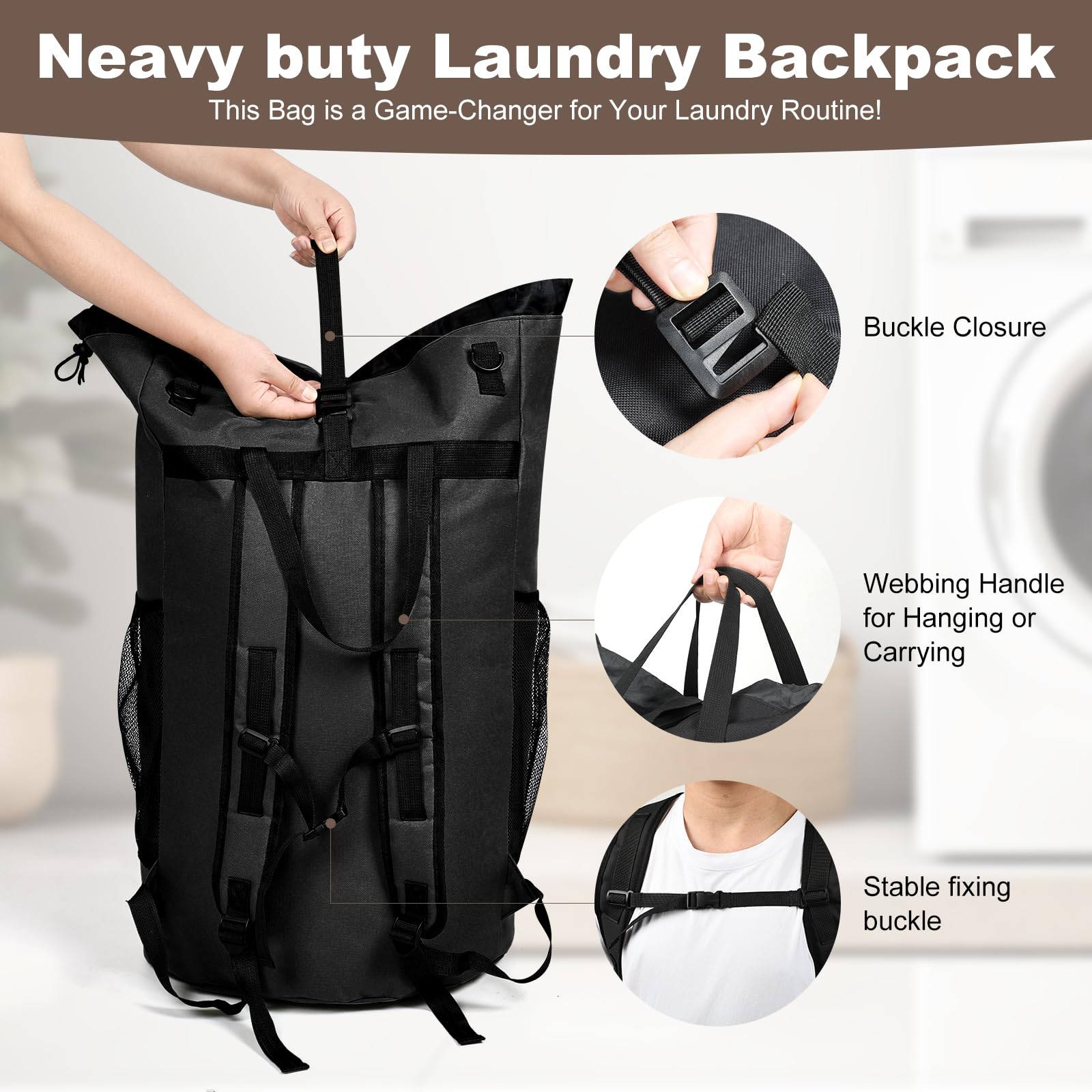 karamagic Laundry Backpack Bag,with 3 Pockets,for Dorm, Apartment and Laundromat, Laundry Duffle Bag for Travel,Beach,Camping