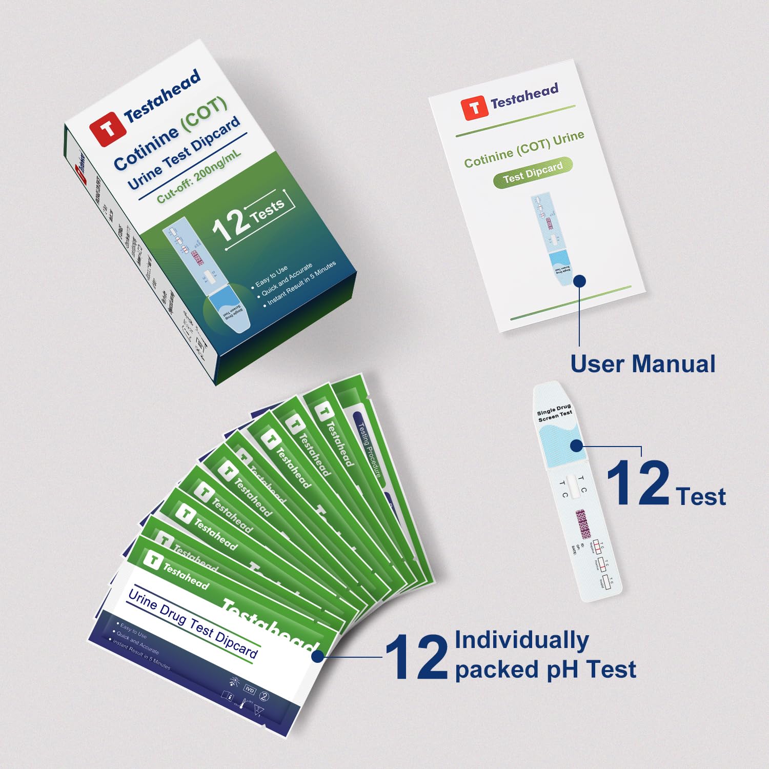 T TESTAHEAD Nicotine Test Kit at Home, Nicotine Test Strips to Detect Cotinine in Urine, Home Use Nicotine Drug Test Cotinine Urine Test, Accurate Results in 5 Minutes, 12 Individually Wrapped Pouches