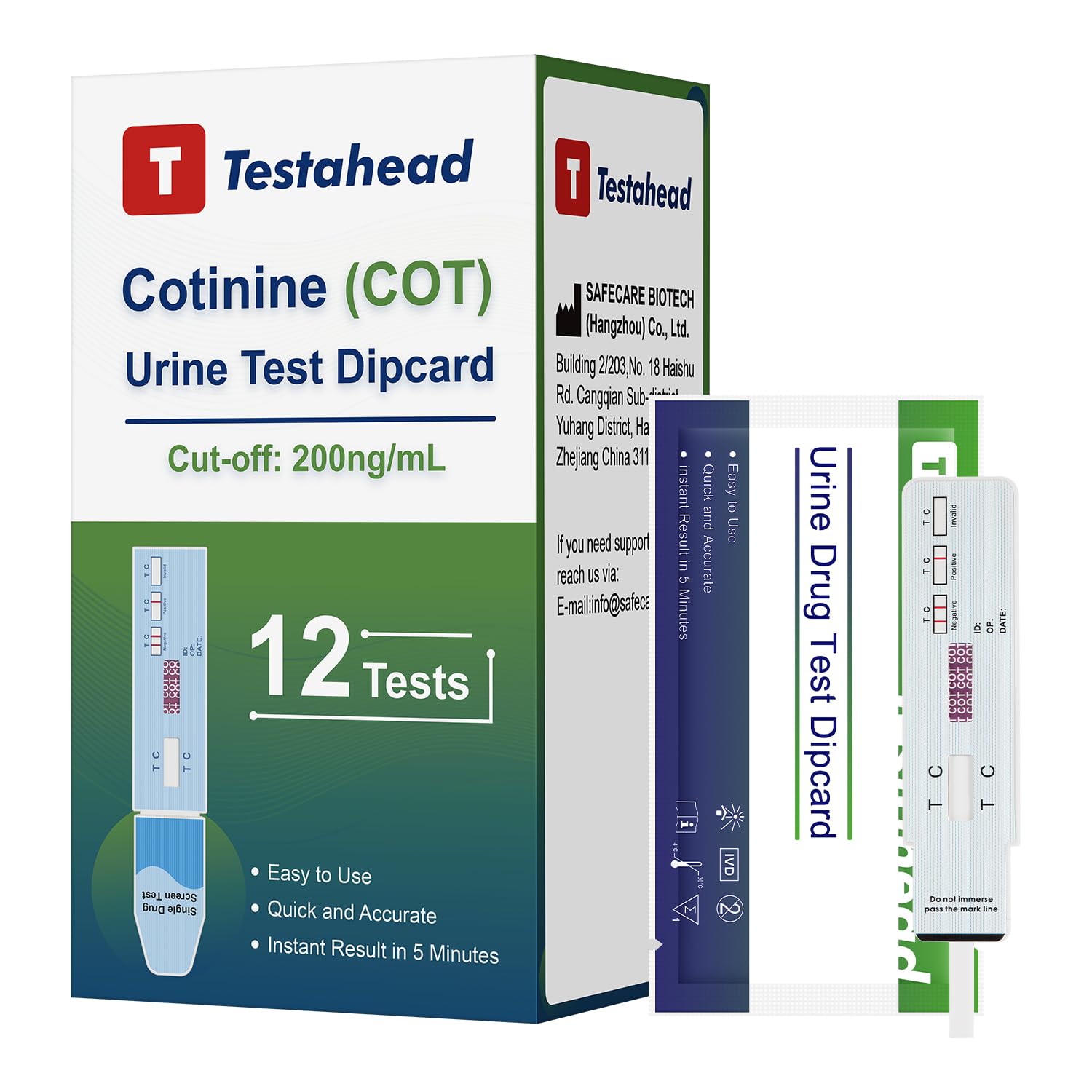 T TESTAHEAD Nicotine Test Kit at Home, Nicotine Test Strips to Detect Cotinine in Urine, Home Use Nicotine Drug Test Cotinine Urine Test, Accurate Results in 5 Minutes, 12 Individually Wrapped Pouches