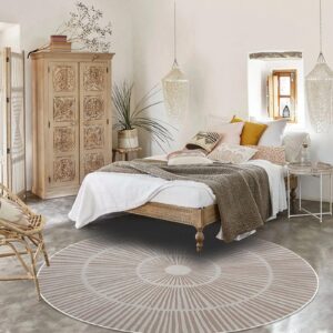 Lacomfy Modern Rug 6Ft Round Abstract Bedroom Carpet Circle Contemporary Sunshine Living Room Floor Mat Nonslip Dining Room Area Rug Non Shedding Washable Throw Rug for Home Decor, Coffee