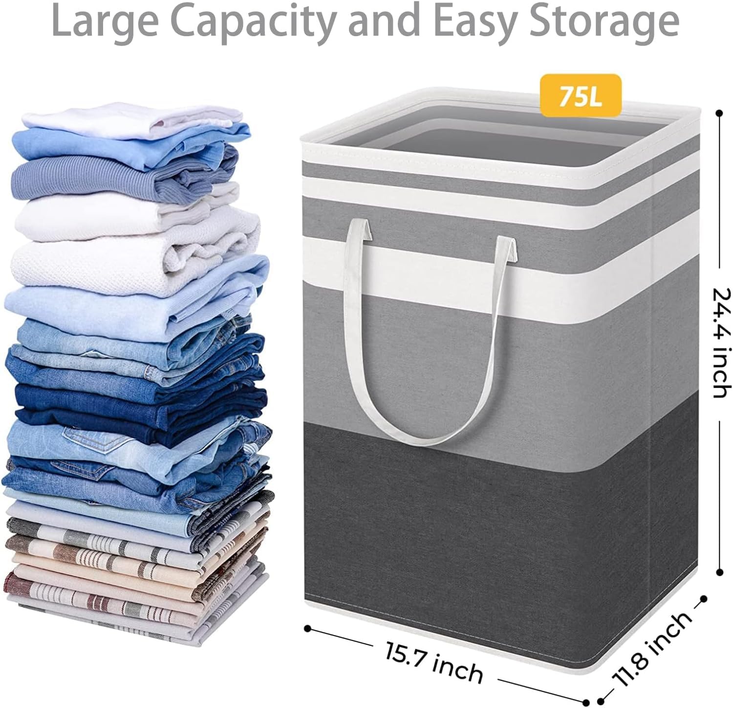 UrbAmerican 1-Pack Large Laundry Basket, Waterproof, Freestanding Laundry Hamper, Collapsible Tall Clothes Hamper with Extended Handles for Clothes Toys in the Dorm and Family