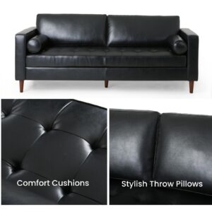 Merax Upholstered PU Sofa, Classic 3 Seater Leather Couch with Wooden Legs for Living Room Bedroom Officee, Black