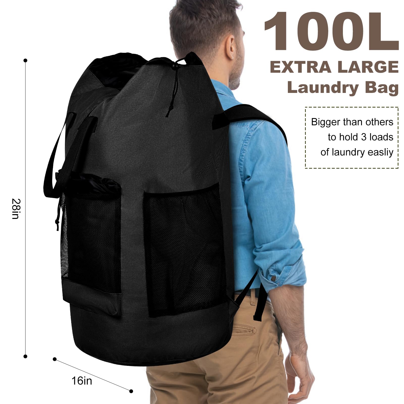 karamagic Laundry Backpack Bag,with 3 Pockets,for Dorm, Apartment and Laundromat, Laundry Duffle Bag for Travel,Beach,Camping