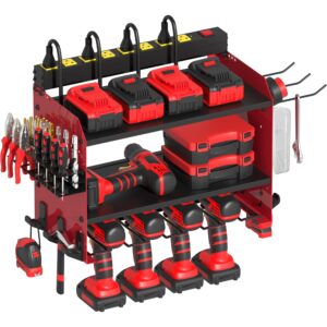 cfmaster power tool organizer wall mount wtih charging station,garage 4 drill holder wall mount with 8 outlet power strip,heavy duty tool rack with hooks,screwdriver organizer in workshop,workbench