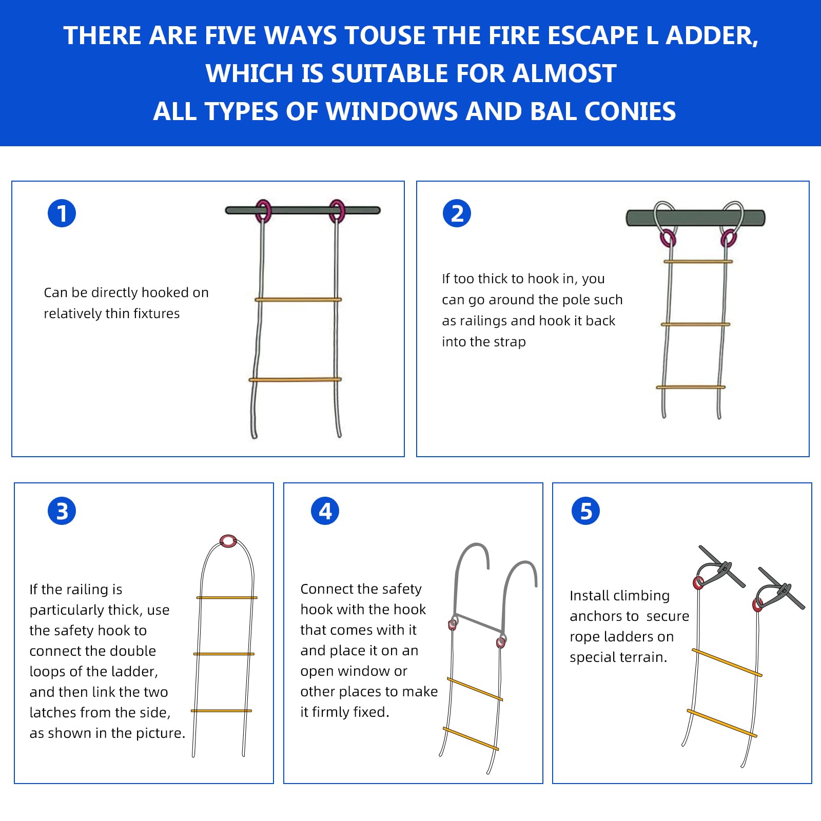 Rope Ladder,26.2 Feet Emergency Fire Escape Ladder Flame Resistant,Safety Balcony Fire Ladder with Hooks,Fast to Deploy Portable and Reusable 3 Story,Weight Capacity up to 2000 Pounds