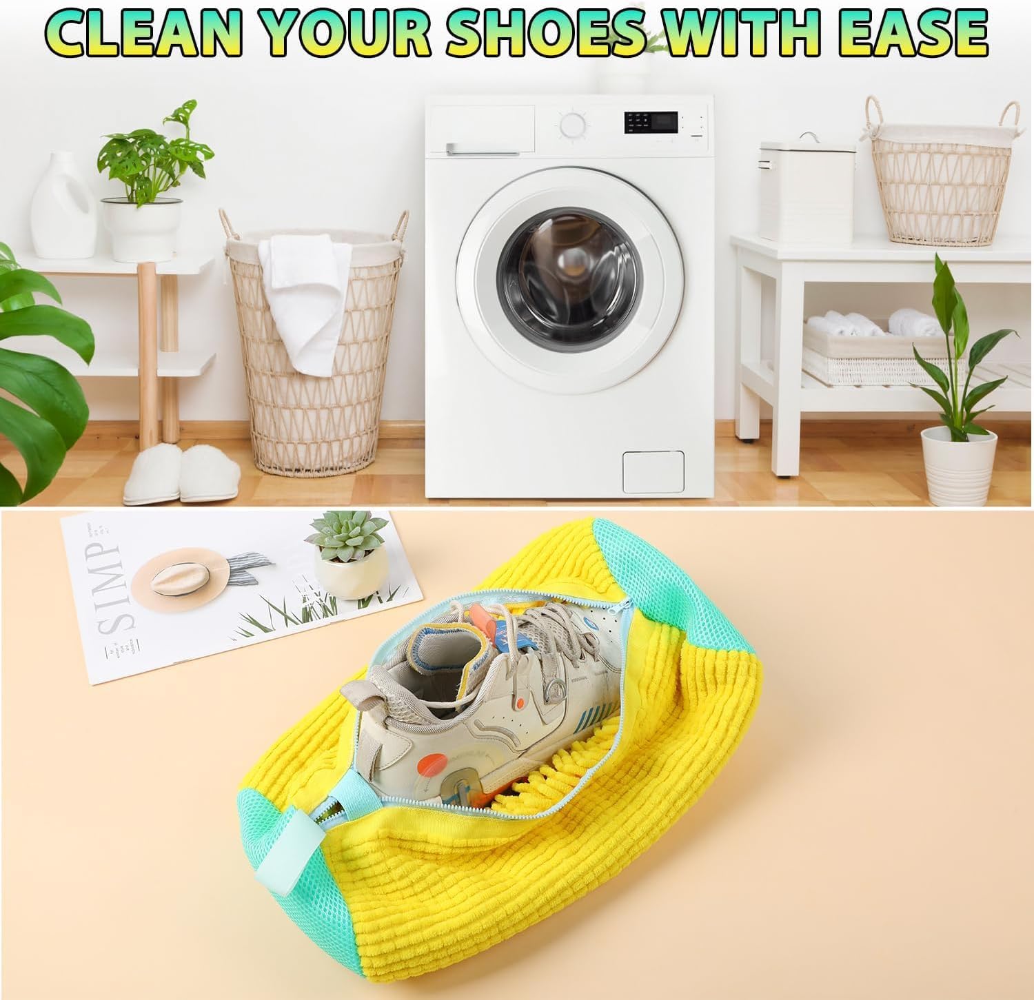 Shoe Washing Machine Bag, 2024 New Reusable Mesh Laundry Shoe Wash Bag Shoe Cleaning for All Shoes, Adjustable Shoes Laundry Bag Sneaker Washing Bag for 360° Cleaning White Shoes (Yellow)