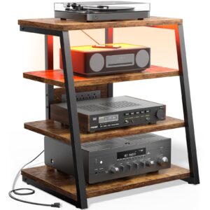 av media stand with outlets, media console with led lights, stereo racks and stands with storage shelves, media audio tower cabinet, rustic brown