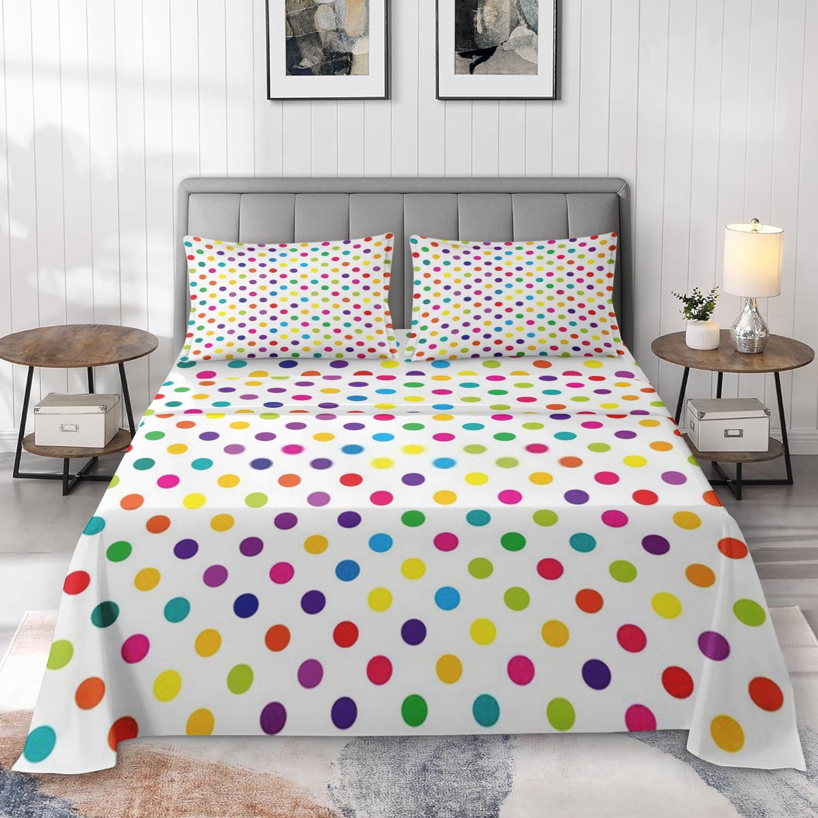 Pinbeam 3 Pcs Fitted Sheet Set Twin Size with Deep Pocket, Polka Dot Kids Bedding Set with Pillowcase for Kids and Adults, Inspired Candy Fun Flat Bed Sheet Set