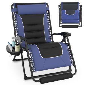 slendor oversized zero gravity chair, 29inch xl padded reclining camping chair with cup holder & footrest, folding outdoor recliner reclining patio chairs, anti gravity gravity, blue