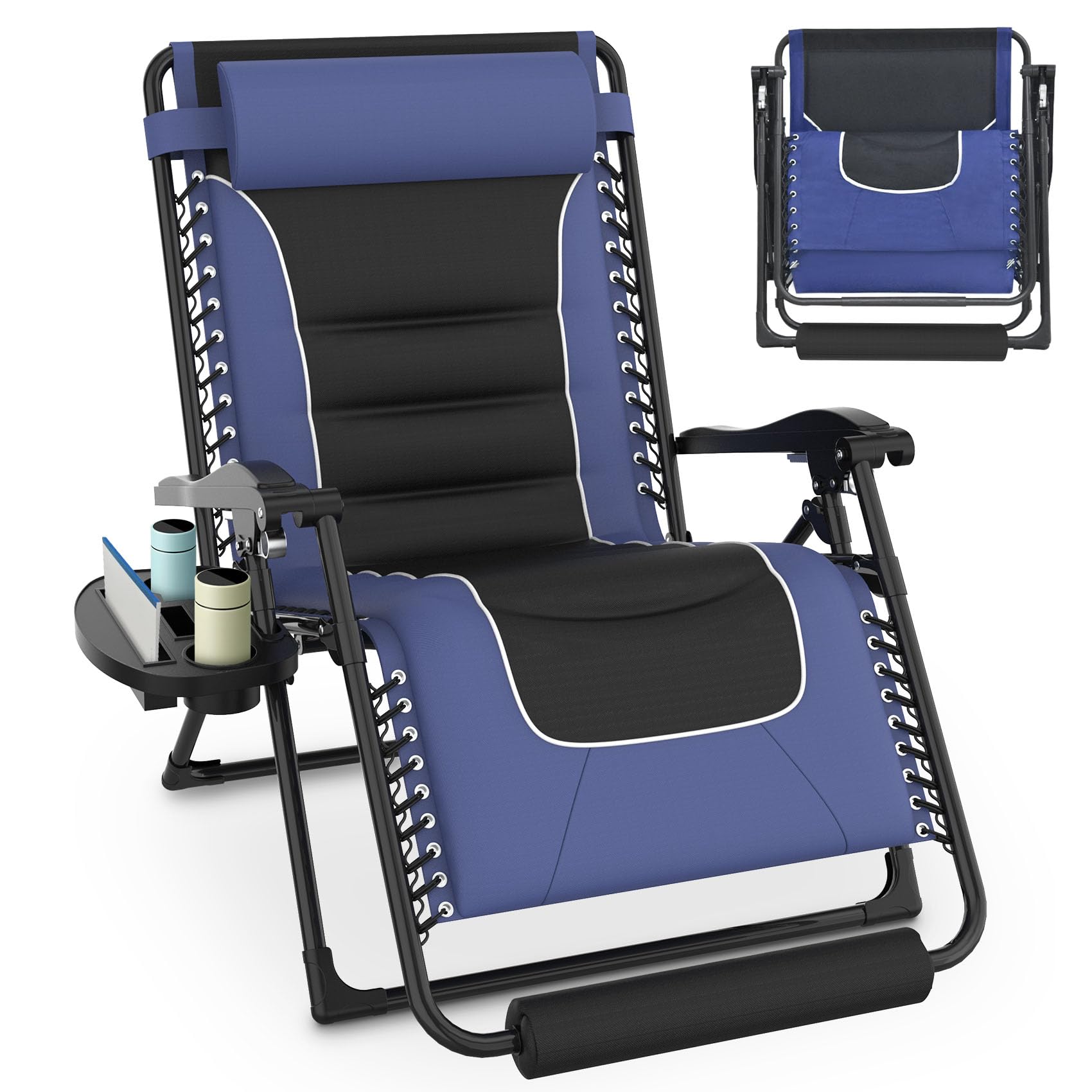 Slendor Oversized Zero Gravity Chair, 29Inch XL Padded Reclining Camping Chair with Cup Holder & Footrest, Folding Outdoor Recliner Reclining Patio Chairs, Anti Gravity Gravity, Blue