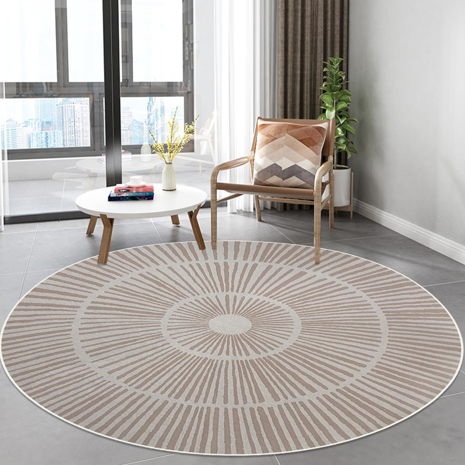 Lacomfy Modern Rug 6Ft Round Abstract Bedroom Carpet Circle Contemporary Sunshine Living Room Floor Mat Nonslip Dining Room Area Rug Non Shedding Washable Throw Rug for Home Decor, Coffee