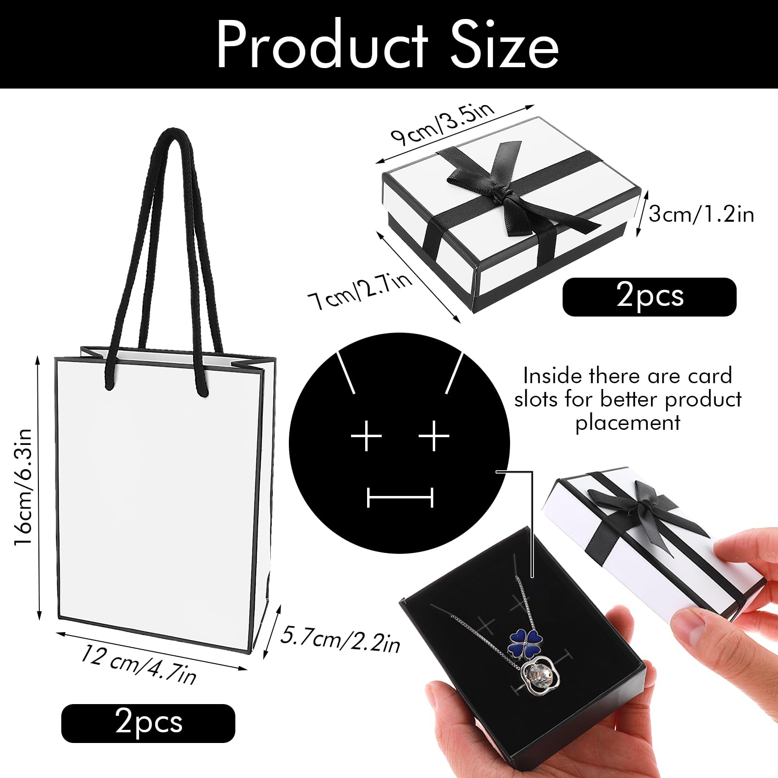 Tucnoeu 2Pcs White Small Gift Box and 2Pcs Small Gift Bag with Black Ribbons,Jewellery Gift Box for Bracelets, Earrings, Rings, Bangles, Jewelry(3.5x2.7x1.2in)