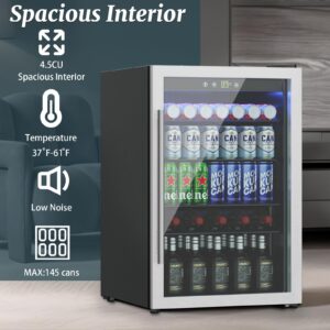 DOGHLY 4.5 Cu.ft Beverage Refrigerator Cooler, 145 Can Mini Fridge with Glass Door, Digital Temperature Display for Soda, Beer or Wine For Office or Bar with Adjustable Removable Shelves, Silver