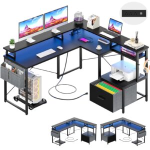 unikito l shaped desk with file drawer, reversible l shaped computer desk with power outlet & led lights, home office desk corner desk with monitor shelf and printer cabinet, gaming desk, black