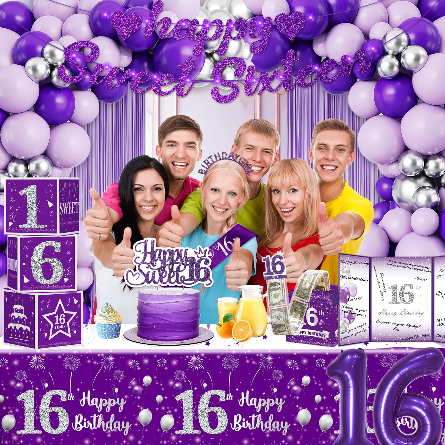 cocomigo 140pcs Sweet 16 Birthday Decorations for Girls, Purple Sweet 16 Party Decorations include Banner Light Balloons Tiara Sash Caketopper Guest Book Money Pull Box tablecloth Foil Fringe Curtain