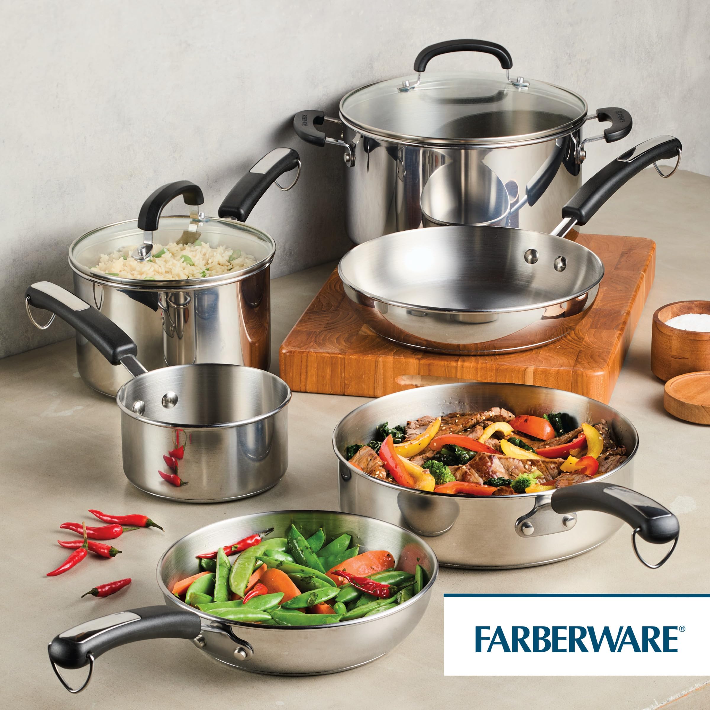 Farberware Brilliance Stainless Steel Cookware Pots and Pans Set with Kitchen Cooking Tools and Glass Lids, 10 Piece, Dishwasher Safe and Induction Ready, Stainless Steel