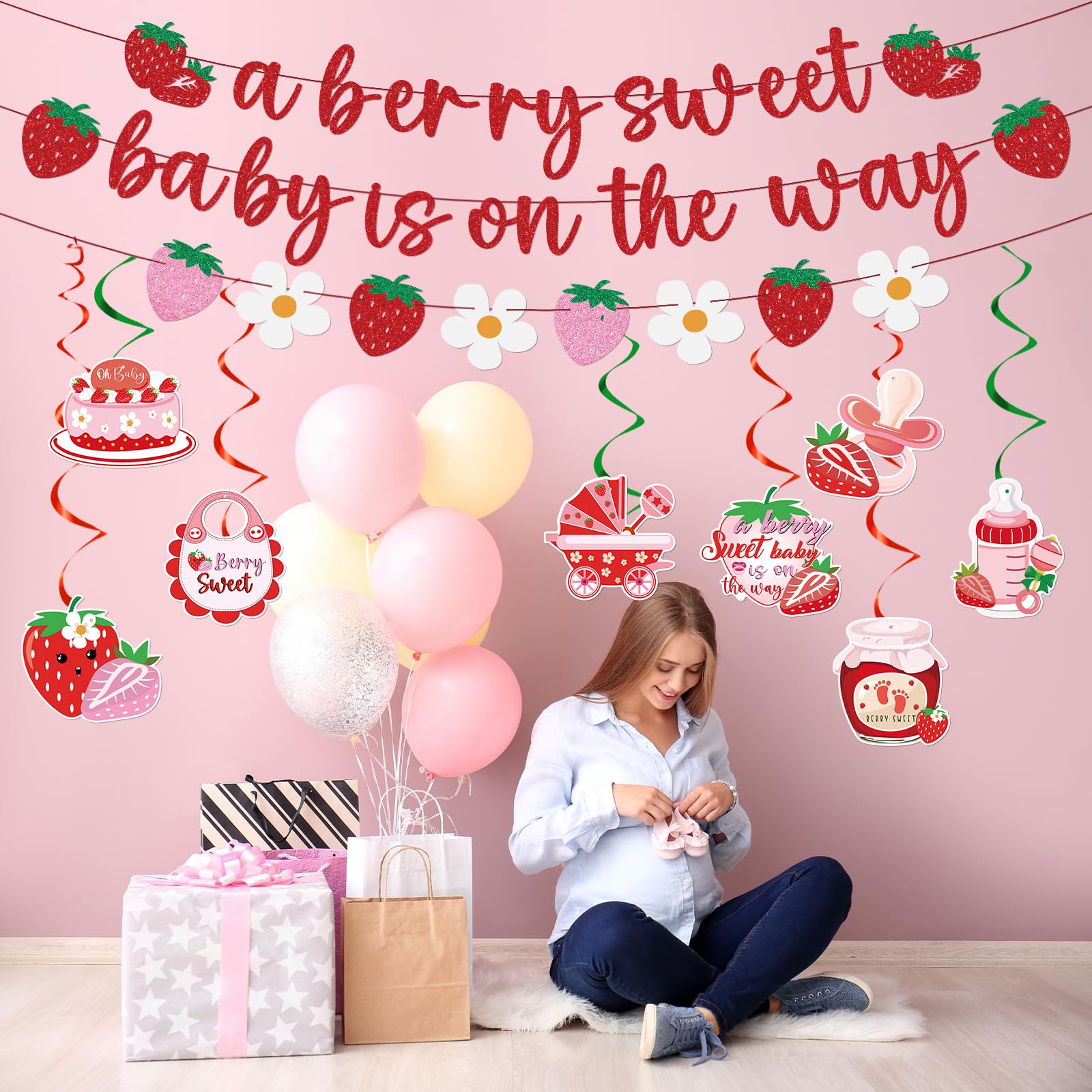 Refavor Strawberry Baby Shower Decorations - A Berry Sweet Baby Is on the Way Banner Decorations Cute Strawberry Shortcake Decorations Strawberry Sweet Baby Hanging Swirls Ceiling Decorations Girls