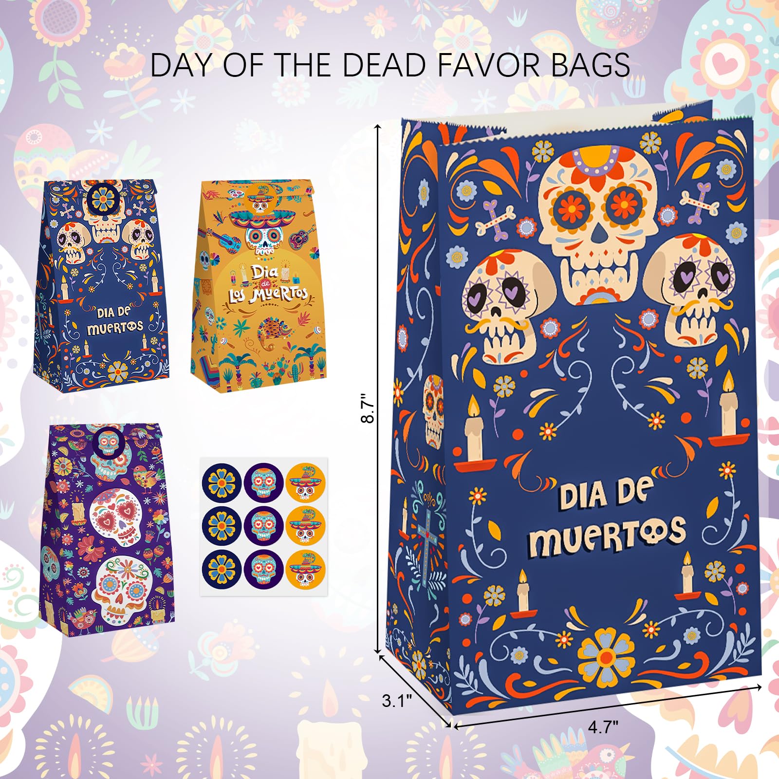 STARRKY 27PCS Halloween Party Favor Bags, Day of the Dead Treat Bags with Stickers Paper Candy Bags 3 Designs Goodie Bags for Party Supplies