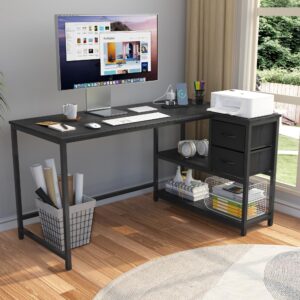 joinhom l-shaped desk with drawers - 55 in reversible black office desk for home office, computer desk with storage for bedroom, l-shaped computer desk with usb ports and bookshelf