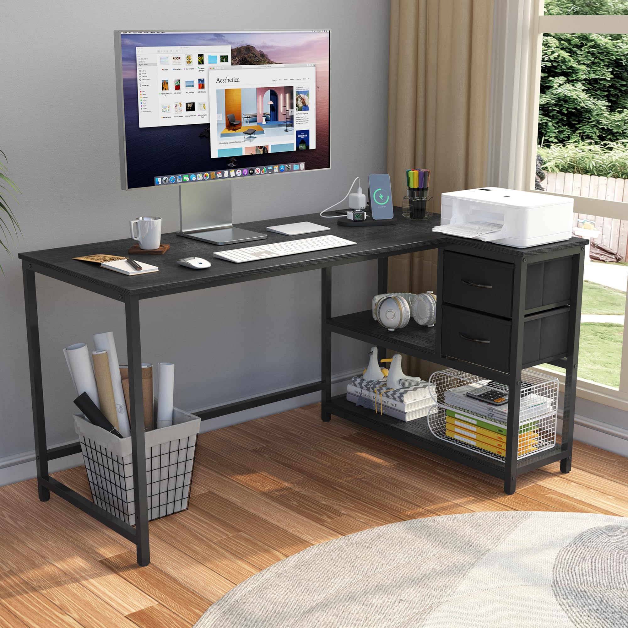 JOINHOM L-Shaped Desk with Drawers - 55 in Reversible Black Office Desk for Home Office, Computer Desk with Storage for Bedroom, L-Shaped Computer Desk with USB Ports and Bookshelf