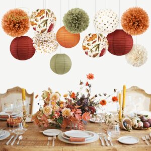 NICROLANDEE Fall Wedding Decorations, 12 PCS Orange Maple Leaf Paper Lanterns Tissue Pom Poms for Thanksgiving Day Backdrop Decoration, Fall Baby Bridal Shower, Birthday, Autumn Harvest Party Decor