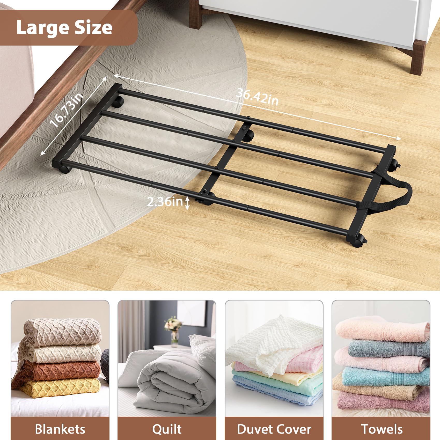 Mr IRONSTONE Lengthened Under Bed Storage with 6 Wheels, Rolling Underbed Storage with Handle, Metal Under the Bed Storage with High Load Capacity Up to 80LBS (2 Pack (36.42"x16.73"x2.36"))