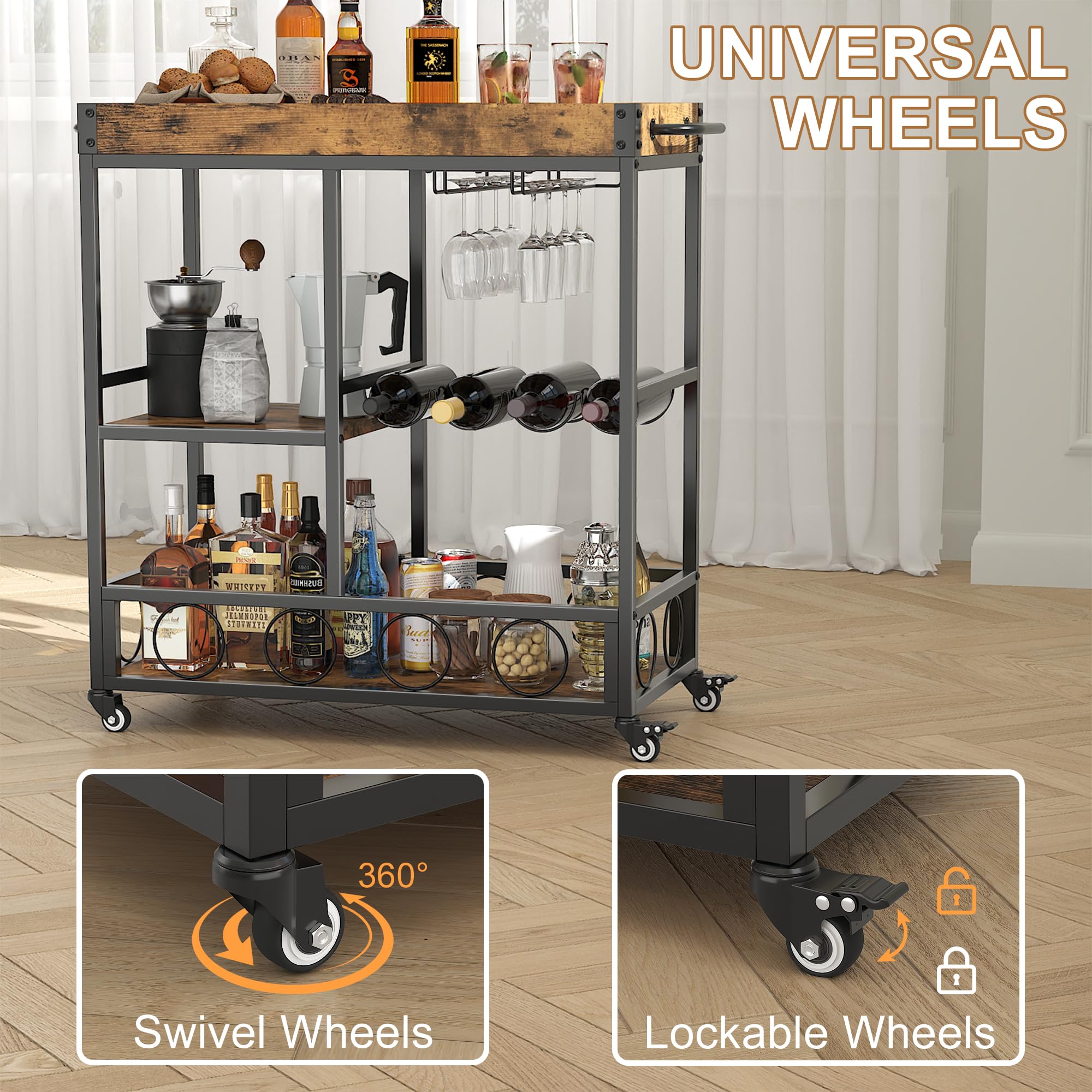 Furmax Bar Cart Home Bar Serving Cart with 3 Tiers, Rolling Bar Car with Large Storage Space & Lockable Wheels, Mobile Drink Cart with Removable Tray, Wine Rack, Glass Holder for Kitchen (Retro)