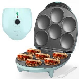 baker's friend electric arepas maker with browning control, mini pancakes maker, pancake maker pan, tostiarepa, makes corn patties, arepas, mini pancakes, fried eggs, breakfast sandwiches, aqua