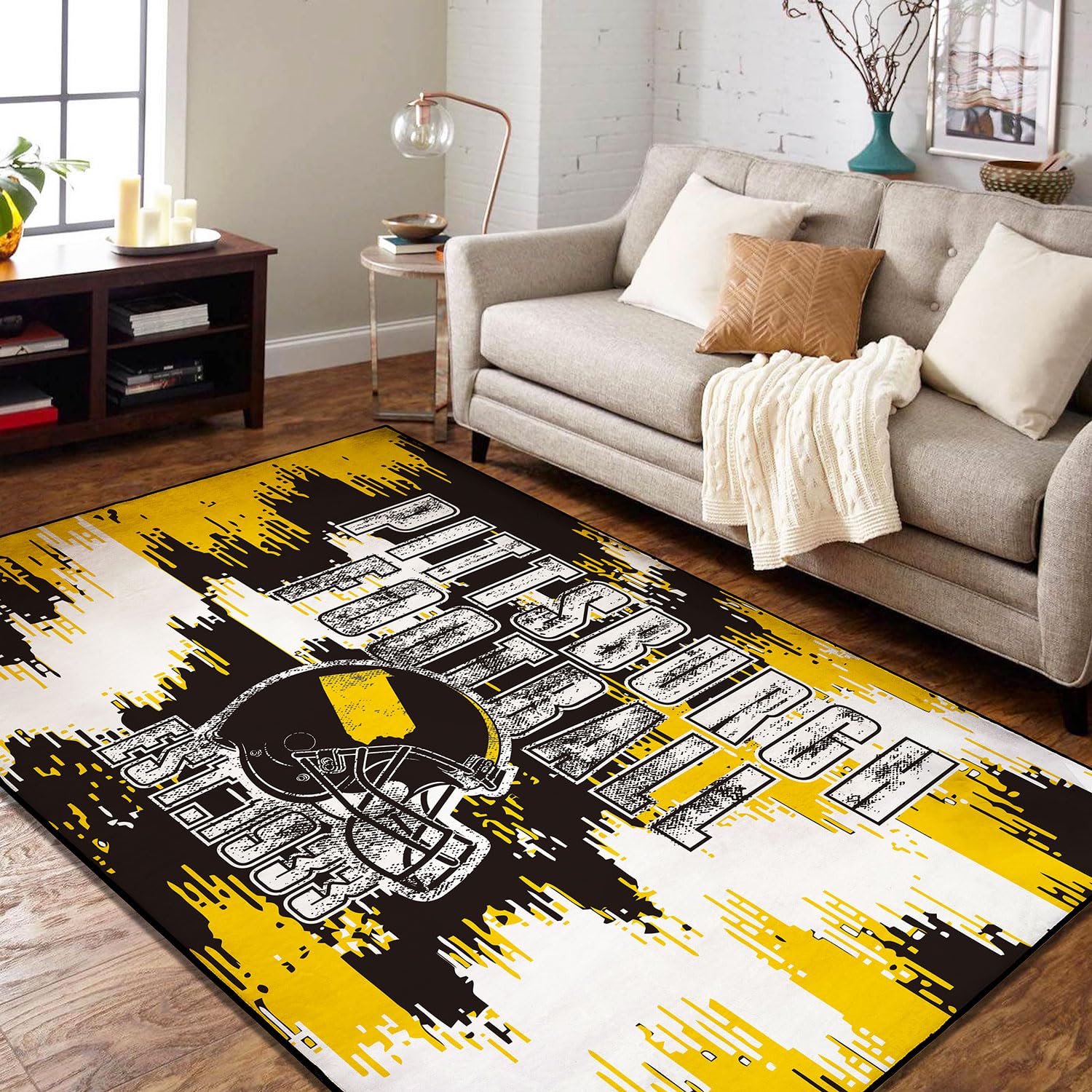 Pittsburgh Living Room Rug for Bedroom Machine Washable Football Sports Area Rugs Carpet Non-Slip Backing for Boys and Man Cave Decor 5x7