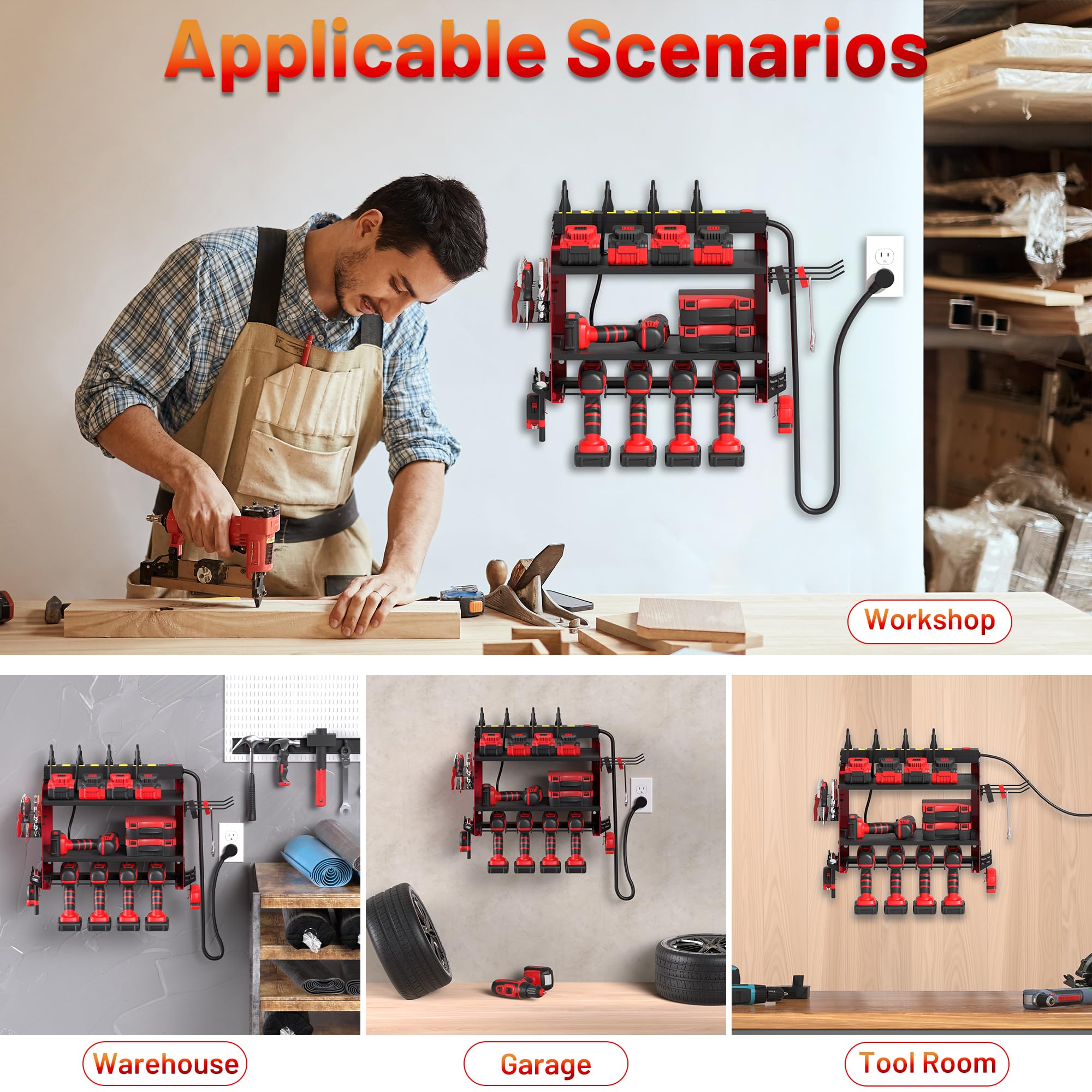 CFMASTER Power Tool Organizer Wall Mount wtih Charging Station,Garage 4 Drill Holder Wall Mount with 8 Outlet Power Strip,Heavy Duty Tool Rack with Hooks,Screwdriver Organizer in Workshop,Workbench