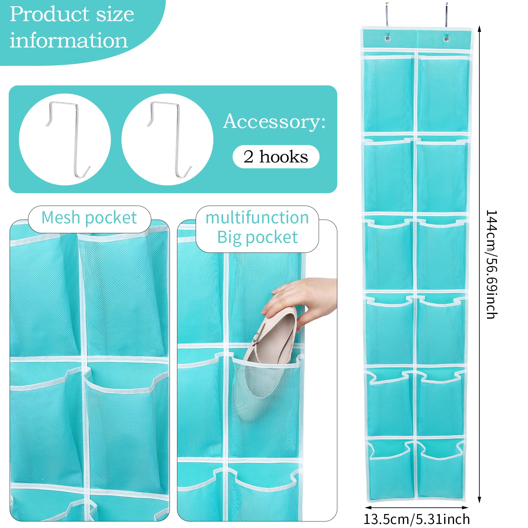 GOMAJI Over the Door Hanging Shoe Organizer, 12 Pockets, Turquoise