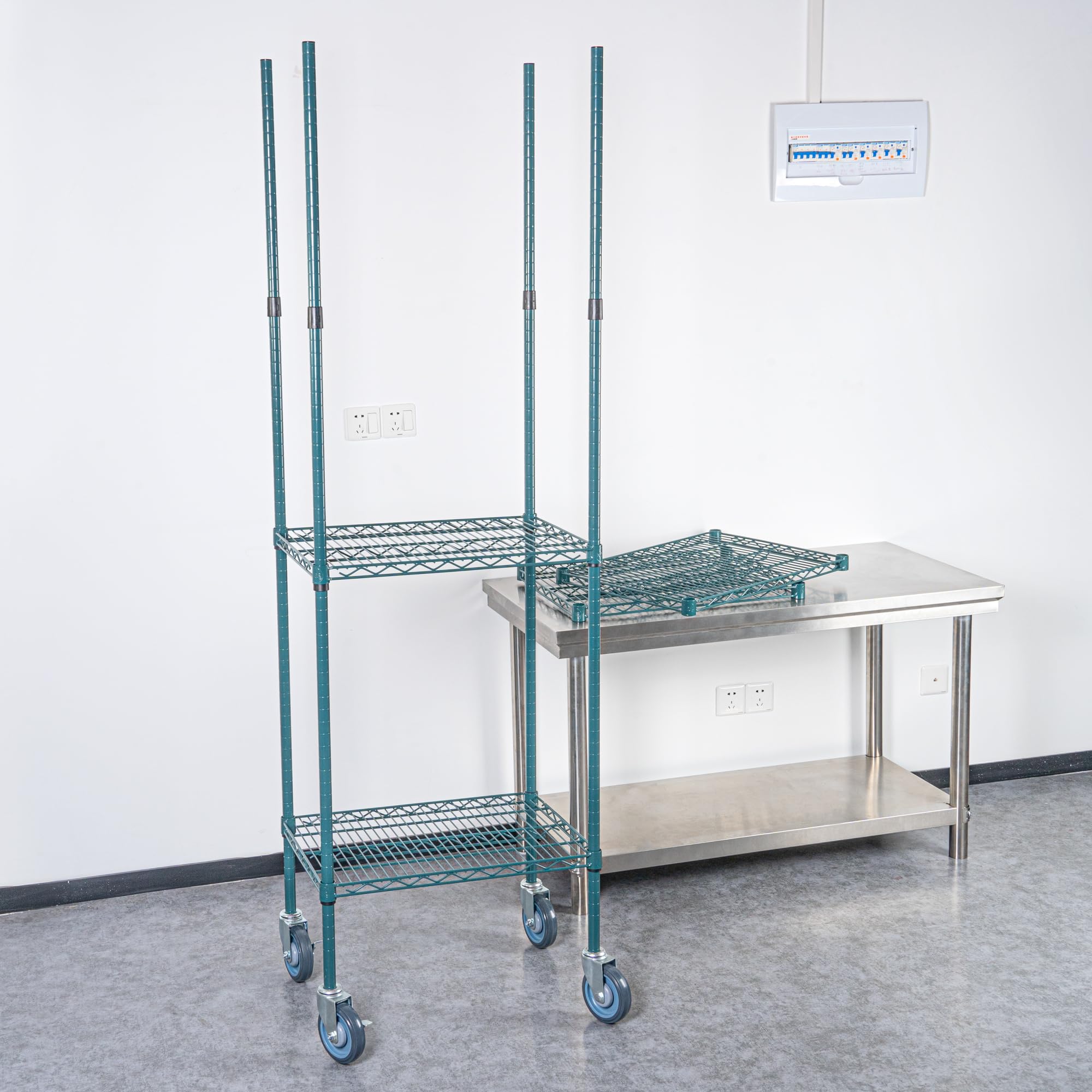 Restaurantware - SHELVING POSTS ONLY: RW Base 74 Inch Mobile Shelving Posts, 4 NSF Certified Epoxy Shelving Poles - Shelves And Casters Sold Separately, No Corrosion, Green Steel Wire Shelving Poles