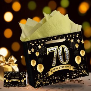 OIIVPOK 70th Birthday Gift Bag, 70th Birthday Bag with Tissue Paper and Greeting Card for Birthday Party, Happy 70th Bithday Gift Bags for Women Men, 12.6" Medium 70th Gift Bags (70th)