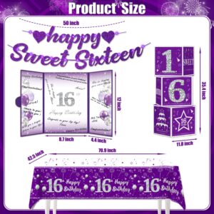 cocomigo 140pcs Sweet 16 Birthday Decorations for Girls, Purple Sweet 16 Party Decorations include Banner Light Balloons Tiara Sash Caketopper Guest Book Money Pull Box tablecloth Foil Fringe Curtain