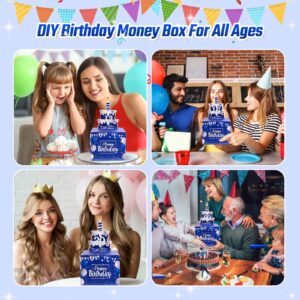 TOYEISHI Birthday Money Pull Box for Cash Gift with DIY Self-Adhesive Stickers for Any Age, Happy Birthday Money Box for Cash Gift Pull Out Cake Card and 100Pcs Bags, Birthday Party Decor Ideas-Blue