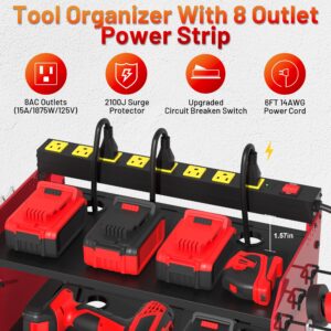 CFMASTER Power Tool Organizer Wall Mount wtih Charging Station,Garage 4 Drill Holder Wall Mount with 8 Outlet Power Strip,Heavy Duty Tool Rack with Hooks,Screwdriver Organizer in Workshop,Workbench