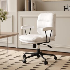 home office desk chair, creamy white | faux leather | mid back | removable armrest | padded backrest | with wheels | height adjustable