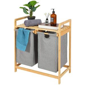 alapur 2 sections bamboo laundry hamper with sliding removable bags, wooden freestanding laundry basket with shelf, laundry sorter for bathroom living room bedroom laundry room, gery