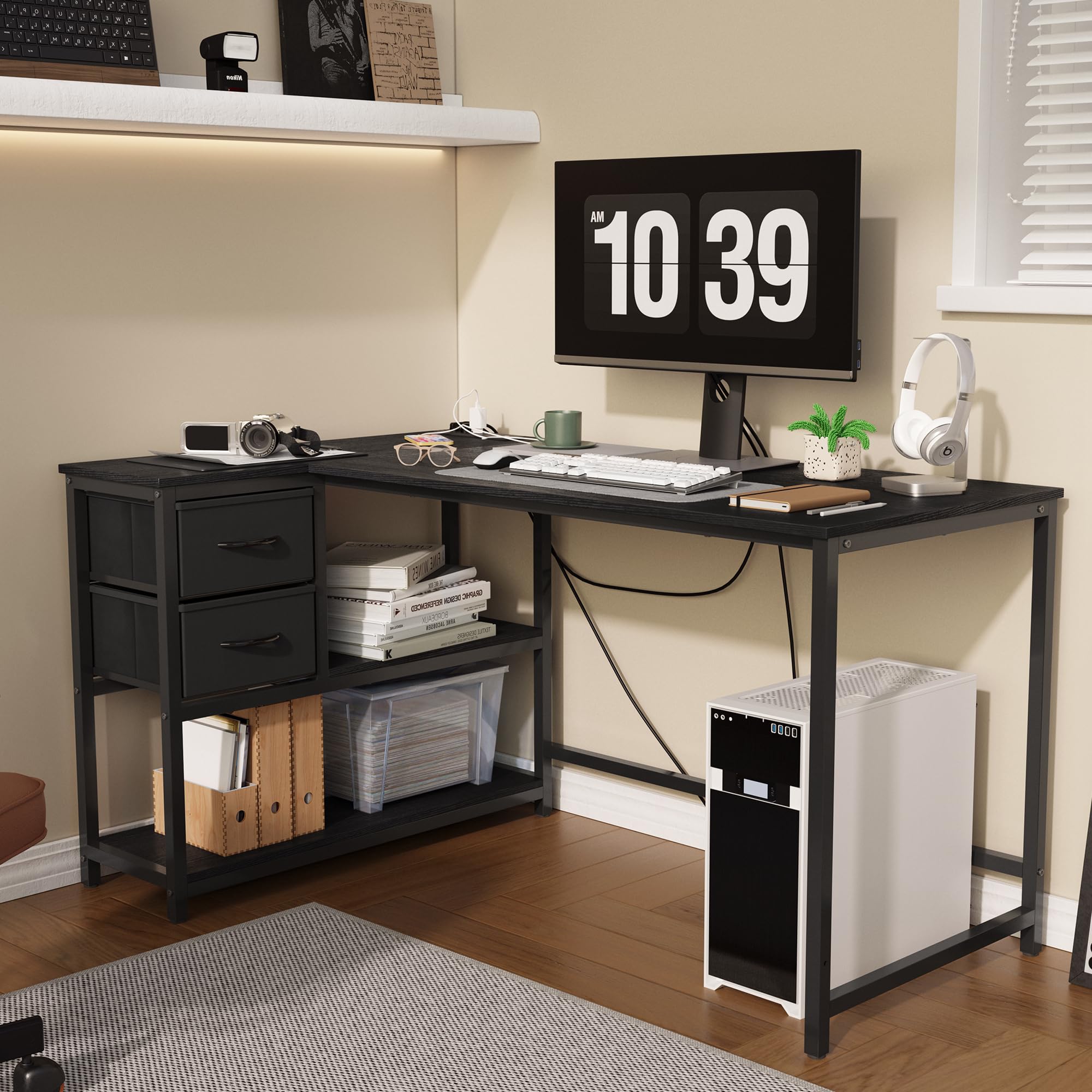 JOINHOM L-Shaped Desk with Drawers - 55 in Reversible Black Office Desk for Home Office, Computer Desk with Storage for Bedroom, L-Shaped Computer Desk with USB Ports and Bookshelf