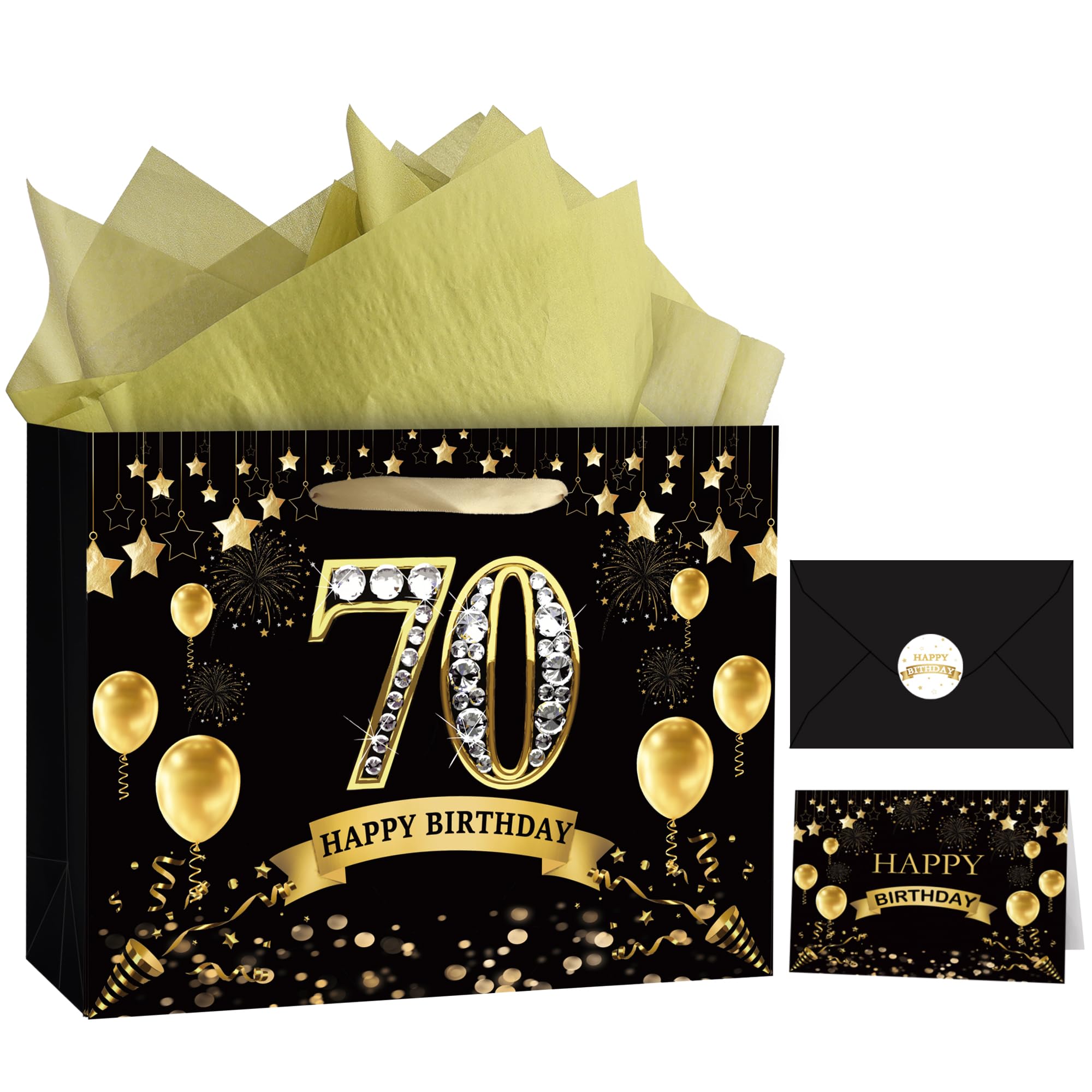 OIIVPOK 70th Birthday Gift Bag, 70th Birthday Bag with Tissue Paper and Greeting Card for Birthday Party, Happy 70th Bithday Gift Bags for Women Men, 12.6" Medium 70th Gift Bags (70th)