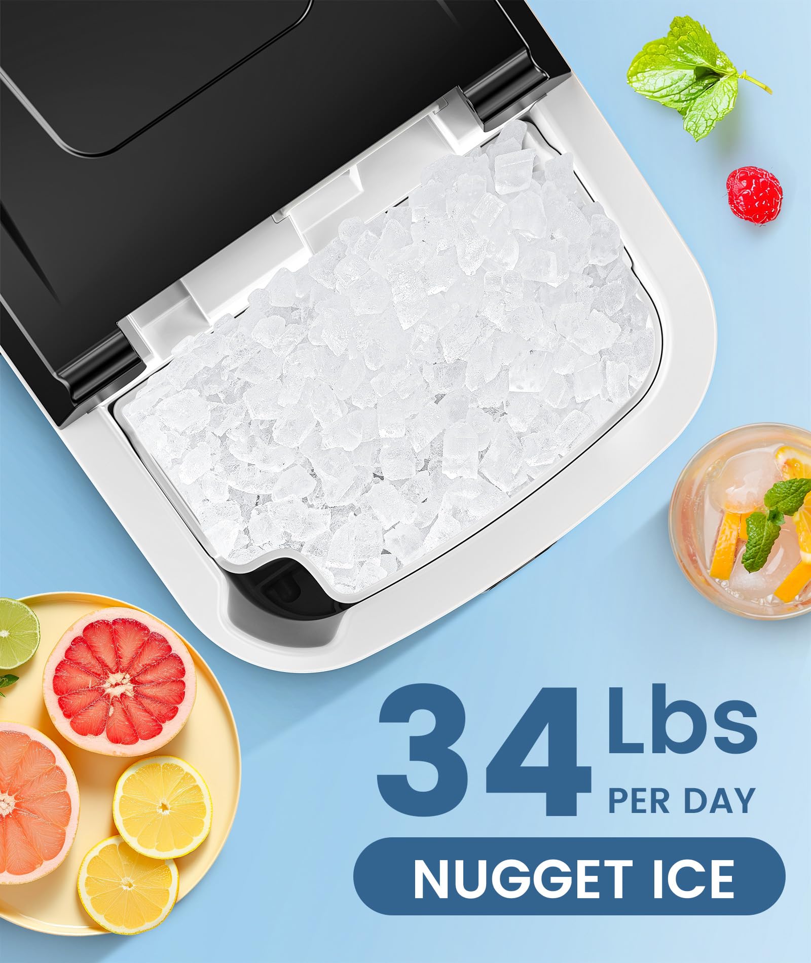 COWSAR Nugget Ice Makers Countertop, Pebble Ice Maker Machine with Soft Chewable Ice, 34Lbs/24H, Self-Cleaning, One-Click Operation, Pellet Ice Maker Countertop for Home/Kitchen/RV/Camping