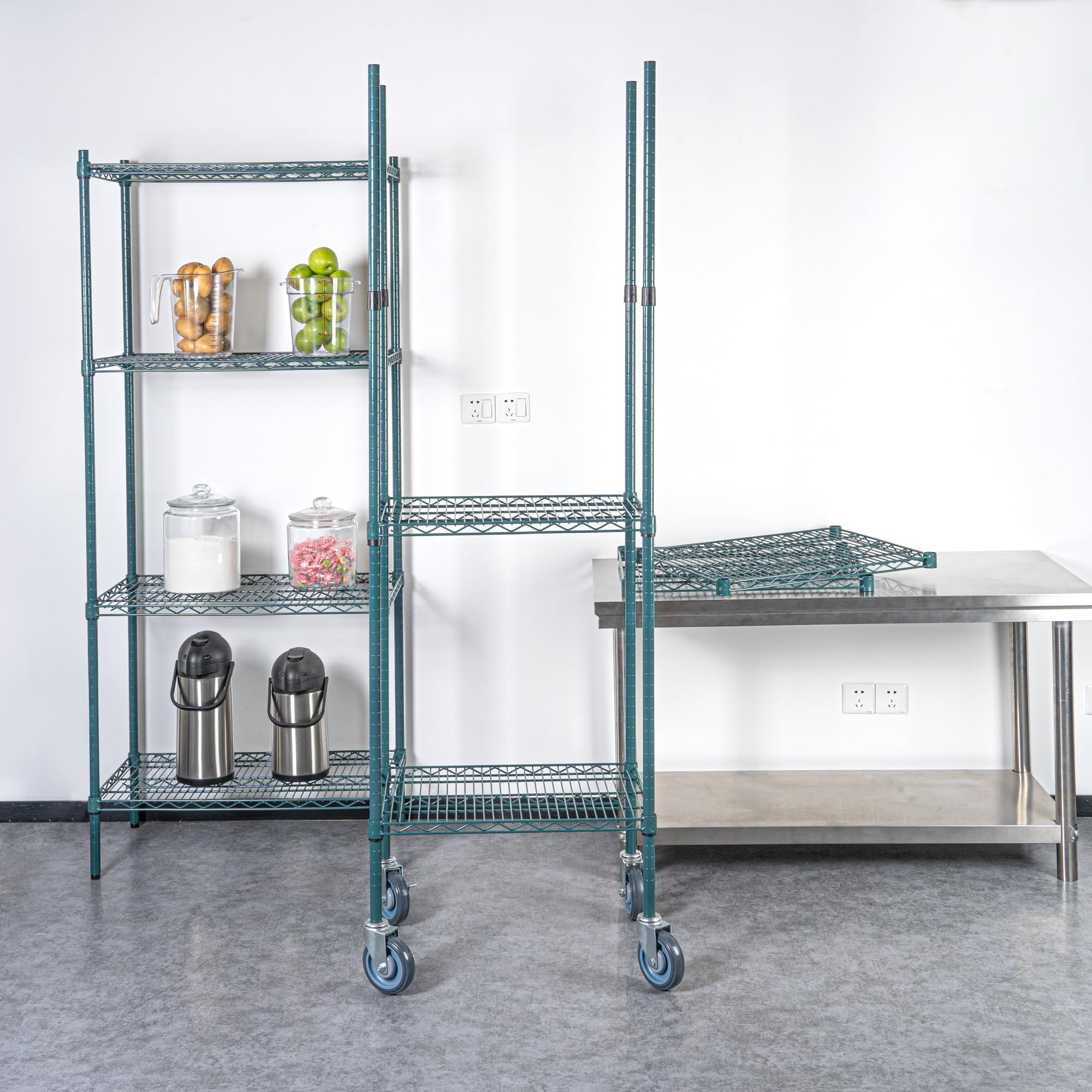 Restaurantware - SHELVING POSTS ONLY: RW Base 74 Inch Mobile Shelving Posts, 4 NSF Certified Epoxy Shelving Poles - Shelves And Casters Sold Separately, No Corrosion, Green Steel Wire Shelving Poles