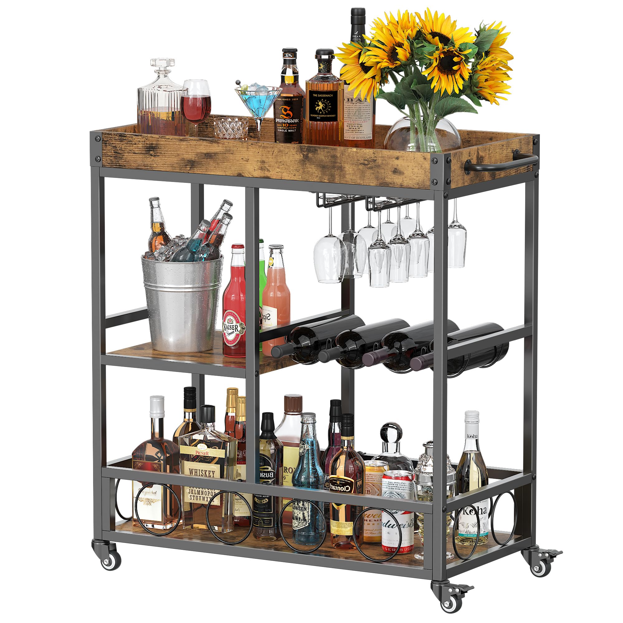 Furmax Bar Cart Home Bar Serving Cart with 3 Tiers, Rolling Bar Car with Large Storage Space & Lockable Wheels, Mobile Drink Cart with Removable Tray, Wine Rack, Glass Holder for Kitchen (Retro)