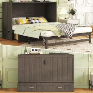 harper & bright designs murphy bed cabinet queen with storage drawer and charging station, wooden foldable murphy chest bed for home, office, studio or guest room, antique gray