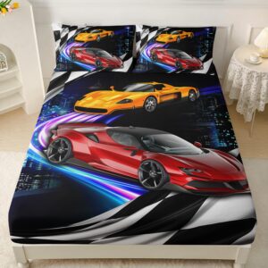 ailonen racing car fitted sheet set twin xl size,black and white grid bed sheet set for kids boys teen,3 pieces extreme games race car sheet set for room,1 fitted sheet with 2 pillowcases